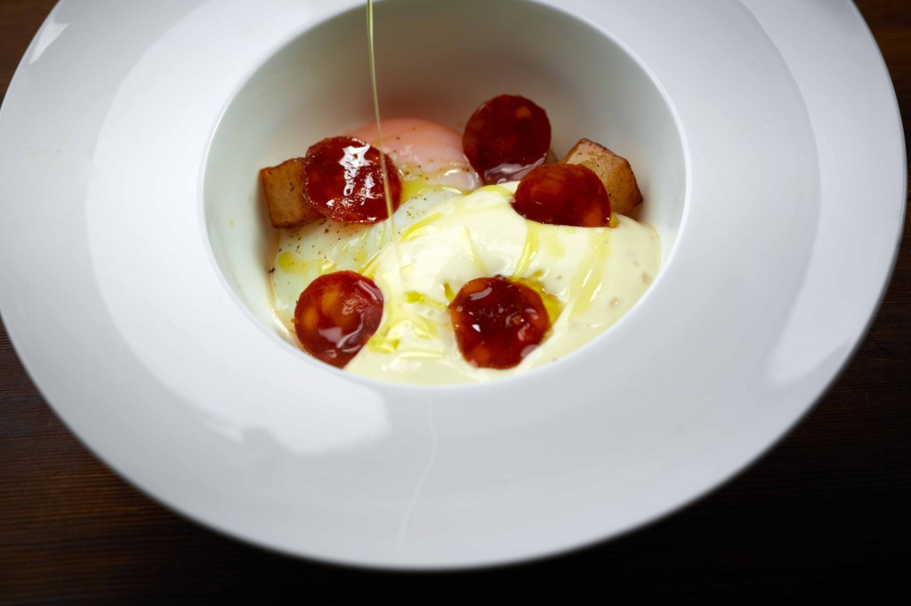Hen’s Egg with Bravas Sauce, Fried Potatoes, Potato Espuma and Chorizo ...